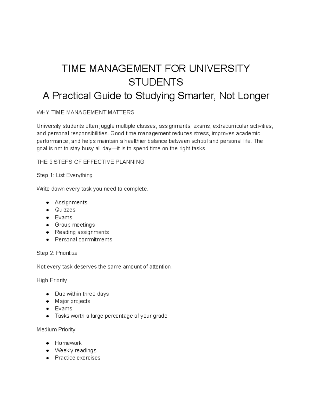 TIME MANAGEMENT FOR UNIVERSITY STUDENTS: A Practical Guide - Studocu
