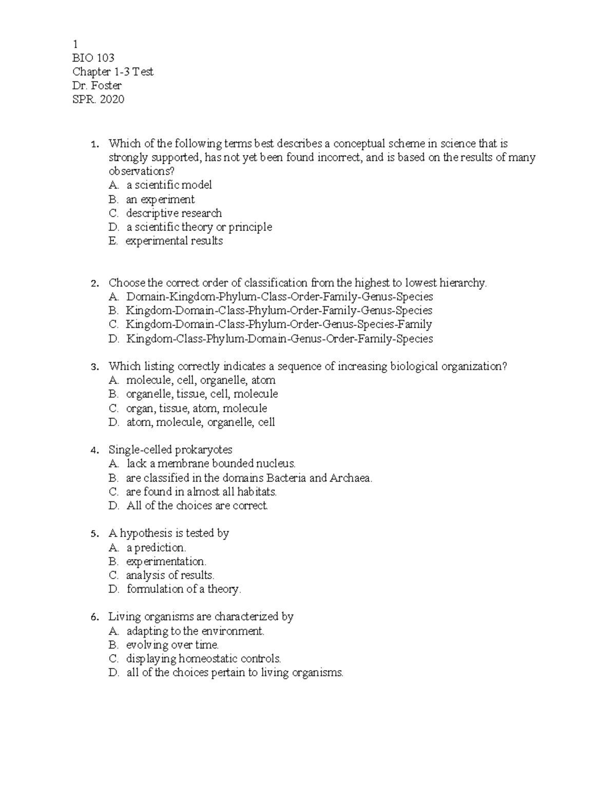 BIO 103 Chapter 1-3 Test Review & Study Guide Dr. Foster SPR 2020 - Studocu