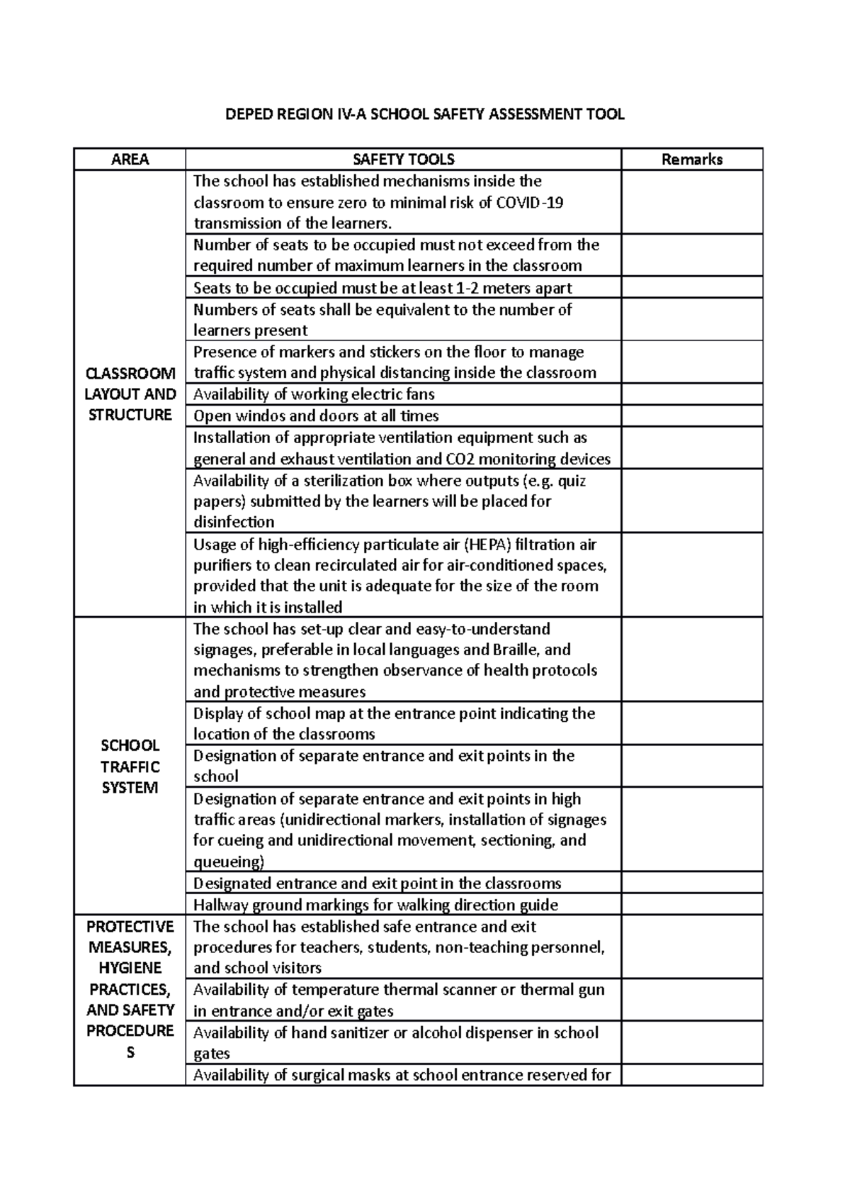 School Safety Assessment Tool - DEPED REGION IV-A SCHOOL SAFETY ...