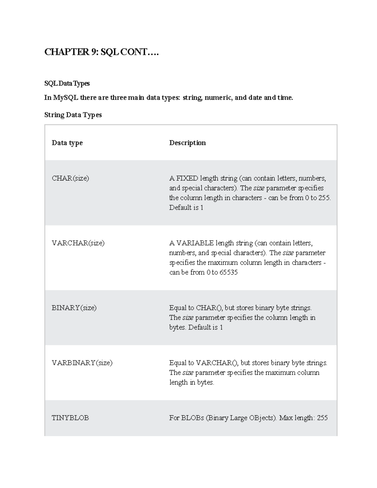 CHAPTER 9: SQL Data Types and Table Management Notes - Studocu