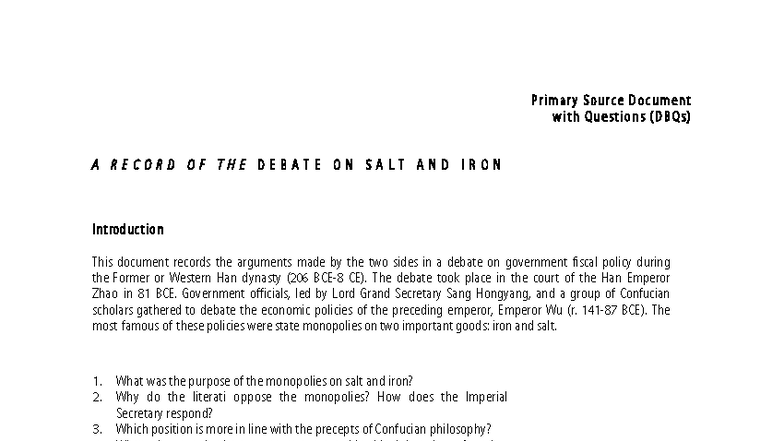 Debate on Salt and Iron: Primary Source Document with Questions (DBQs ...