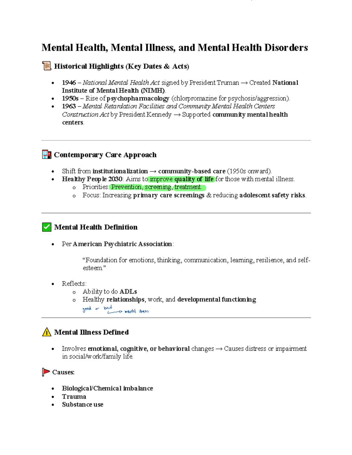Mental Health Unit 1 - Mental Health, Mental Illness, and Mental Health ...