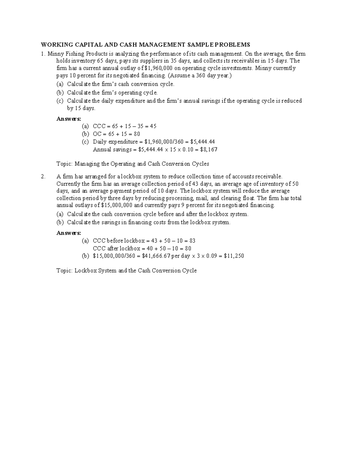 Working Capital & Cash Management Sample Problems - Course Code ...