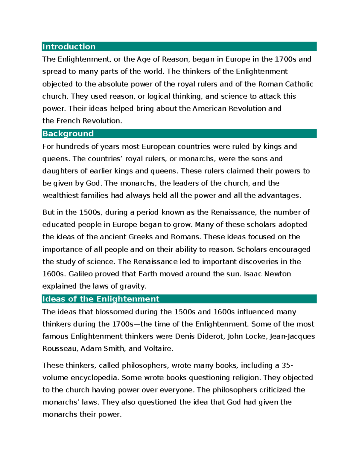 1 Enlightenment Introductory Reading Notes: Key Concepts & Events - Studocu