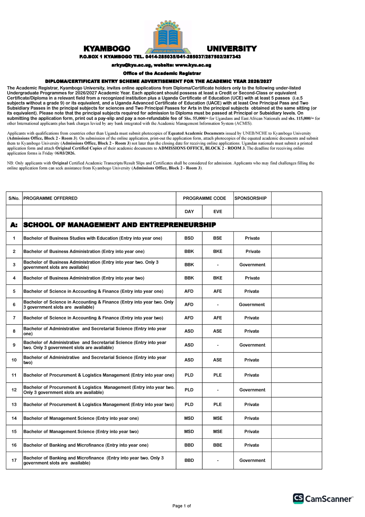 KYAMBOGO UNIVERSITY Entry Scheme Advertisement for Academic Year 2026 ...