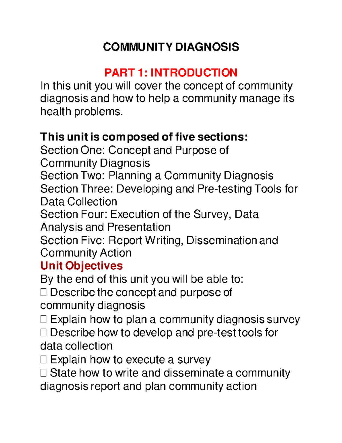 COMMUNITY DIAGNOSIS PART 1: INTRODUCTION AND CONCEPTS - Studocu
