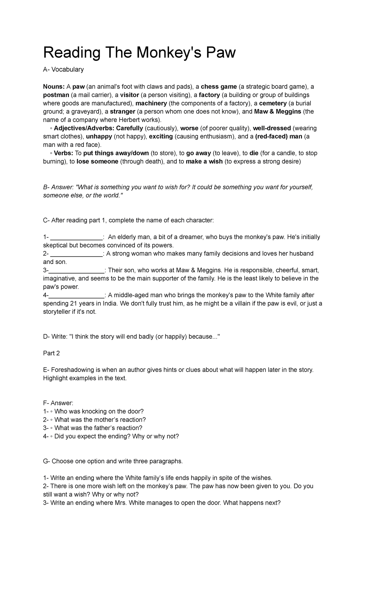 Reading The Monkey's Paw Vocabulary & Character Analysis - Studocu