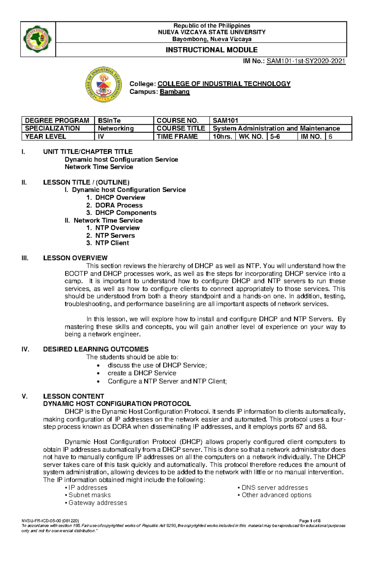 Instructional Module on DHCP & NTP Configuration (SAM101-1st-SY2020-2021) - NUEVA VIZCAYA STATE ...