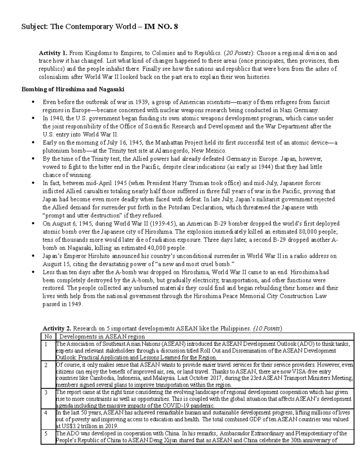 TCW- Module-8 - ANSWERS - Subject: The Contemporary World – IM NO. 8 ...