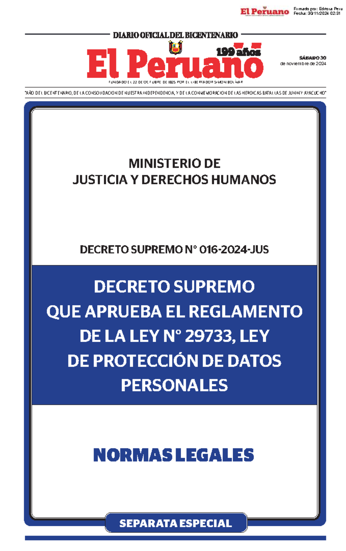 1 - DS N° 016-2024-JUS - Reglamento de la Ley No 29733 - 2024 - “AÑO ...