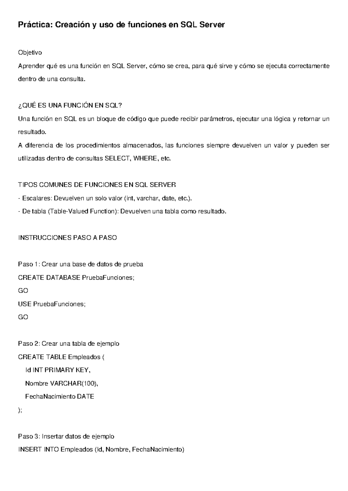 Práctica: Creación y Uso de Funciones en SQL Server - Studocu