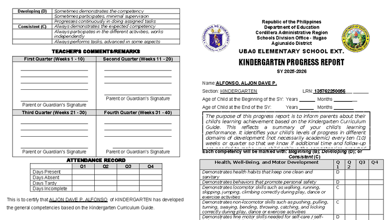 Kindergarten Progress Report (SY) - ALJON DAVE P. (Q1-Q4) - Studocu