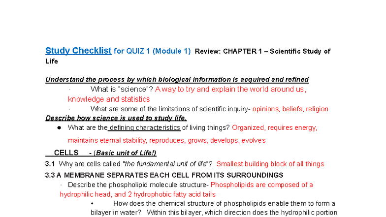 Study Checklist for BIO 101: QUIZ 1 Review on Scientific Study of Life - Studocu