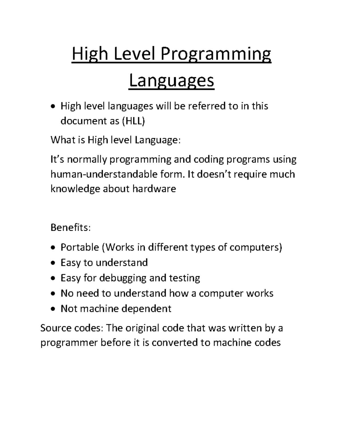 High Level Programming Languages Overview (HLL) - Studocu