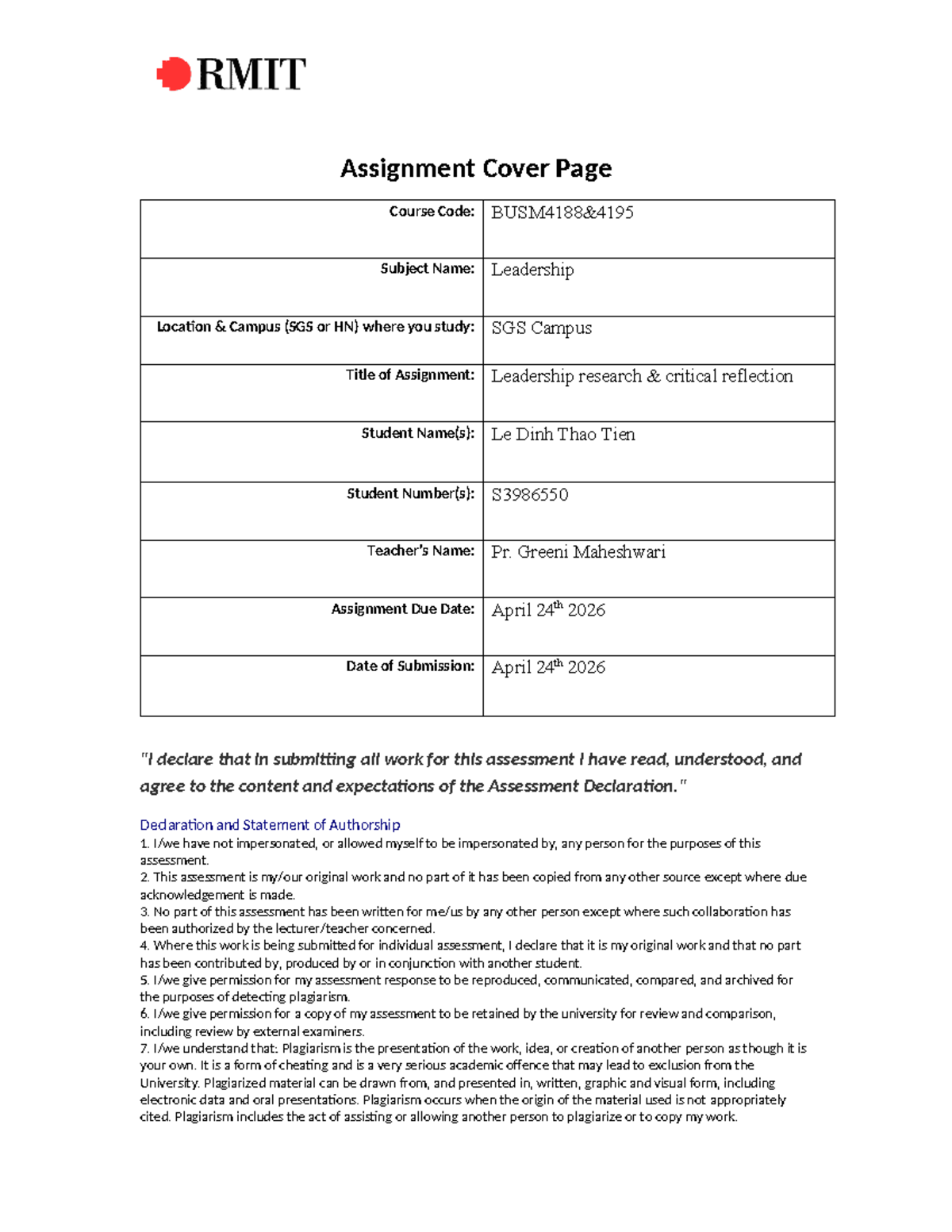 Leadership Research Critical Reflection - Assignment S3986550 - Studocu