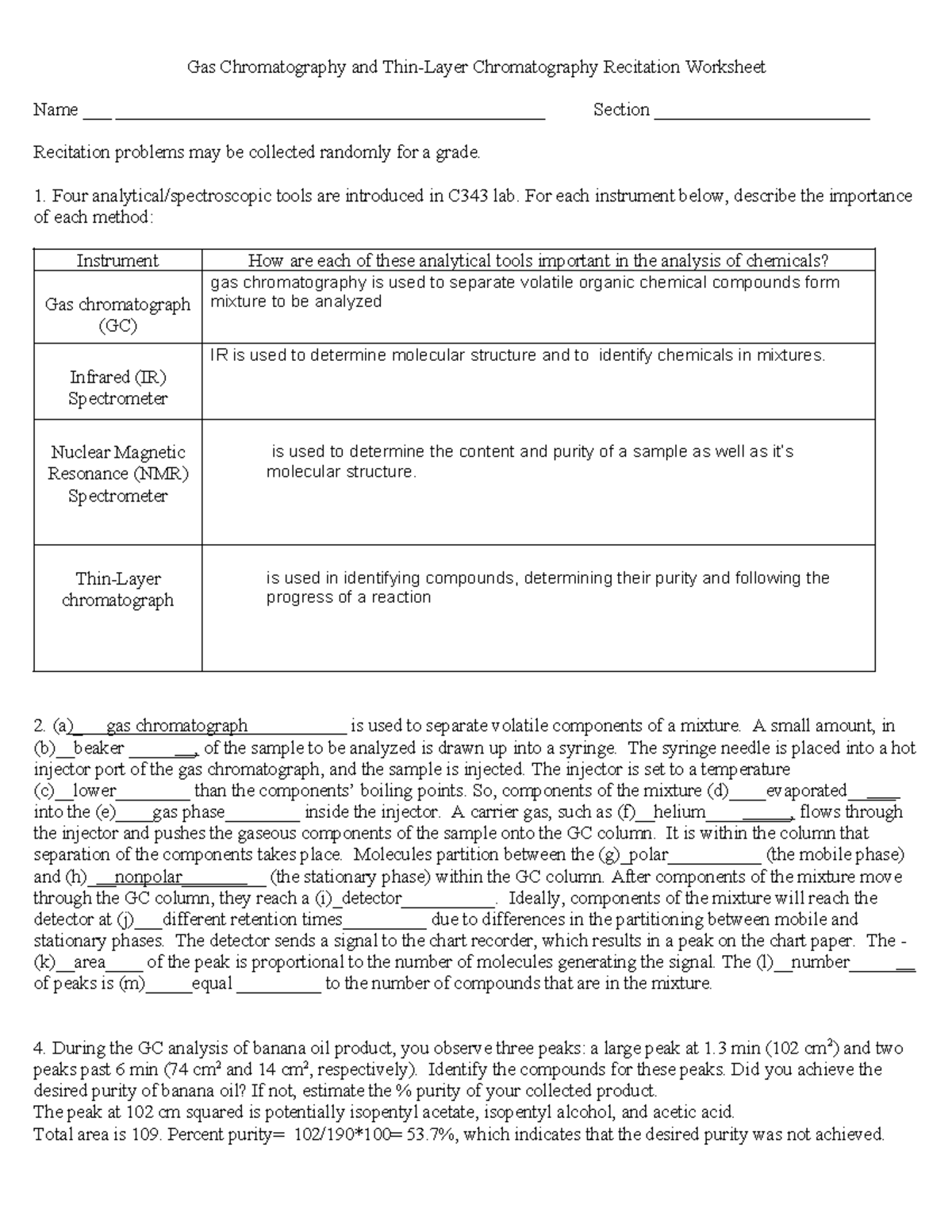 C343 Gas Chromatography & TLC Recitation Worksheet - Studocu