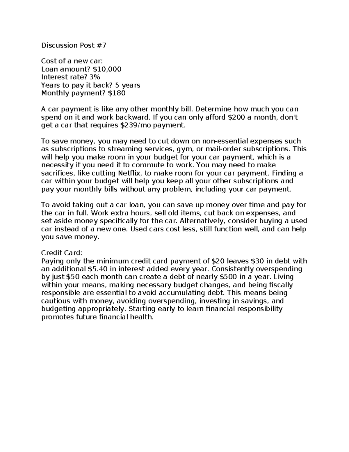 Discussion Post 7: Managing Car Loans and Budgeting Strategies - Studocu