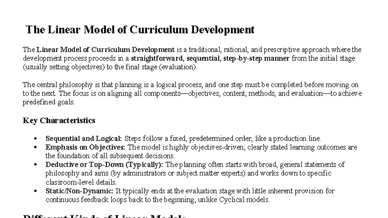 Linear Curriculum Development Models: A Comprehensive Overview - Studocu