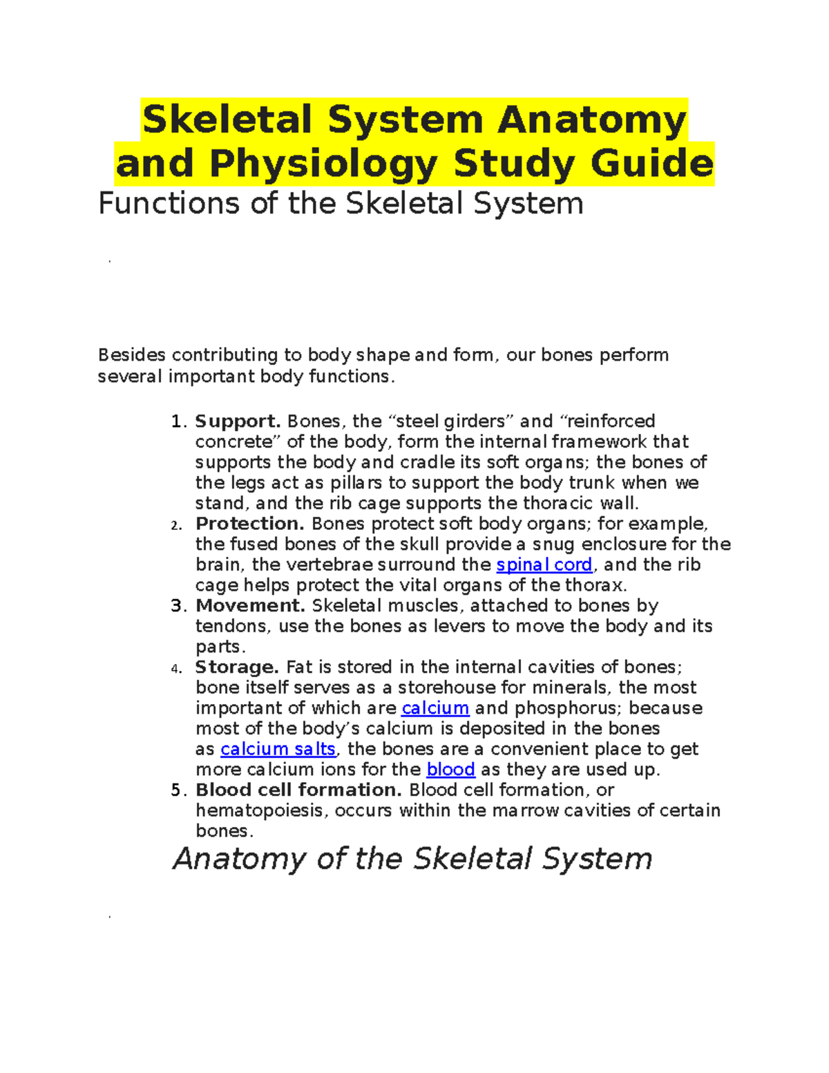 Skeletal System Anatomy and Physiology Study Guide - Skeletal System ...