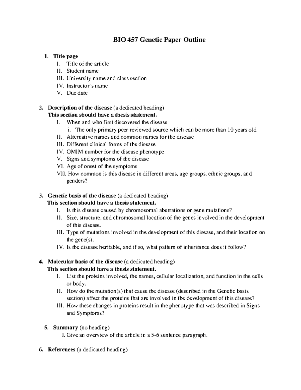 BIO 457 Genetic Paper Outline: Disease Analysis and Research - Studocu