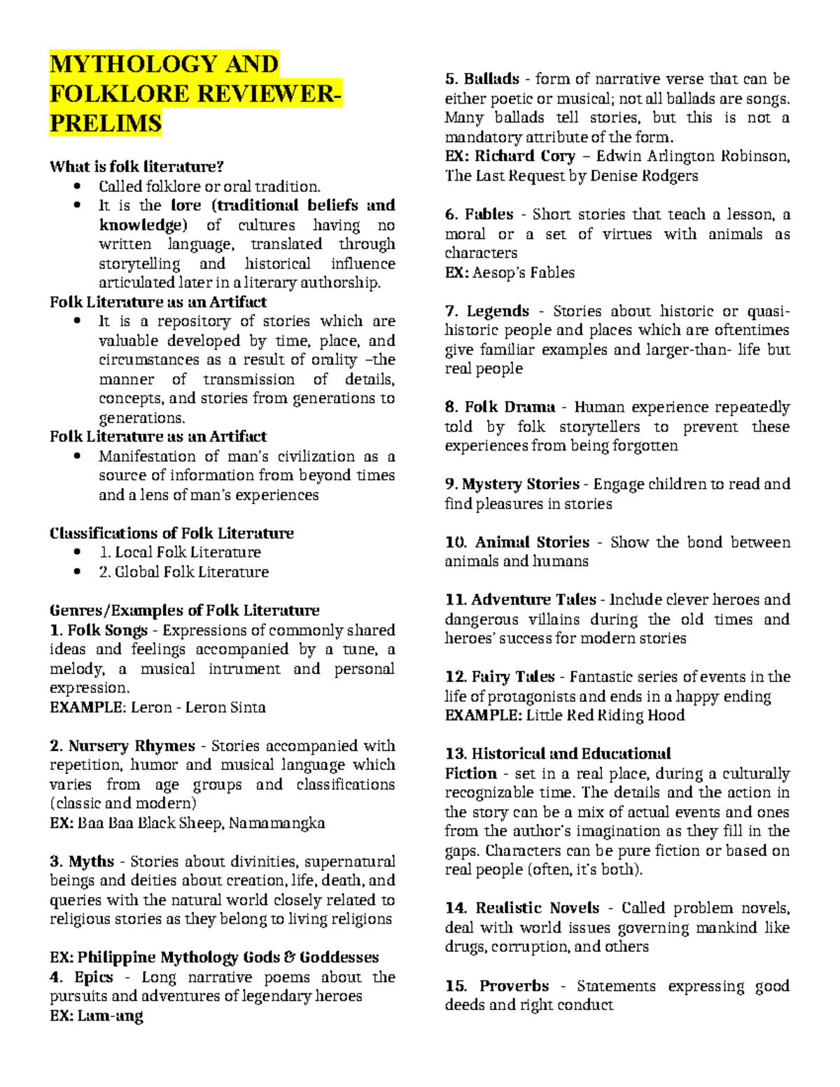 ELED 8 Reviewer Prelims - MYTHOLOGY AND FOLKLORE REVIEWER- PRELIMS What ...