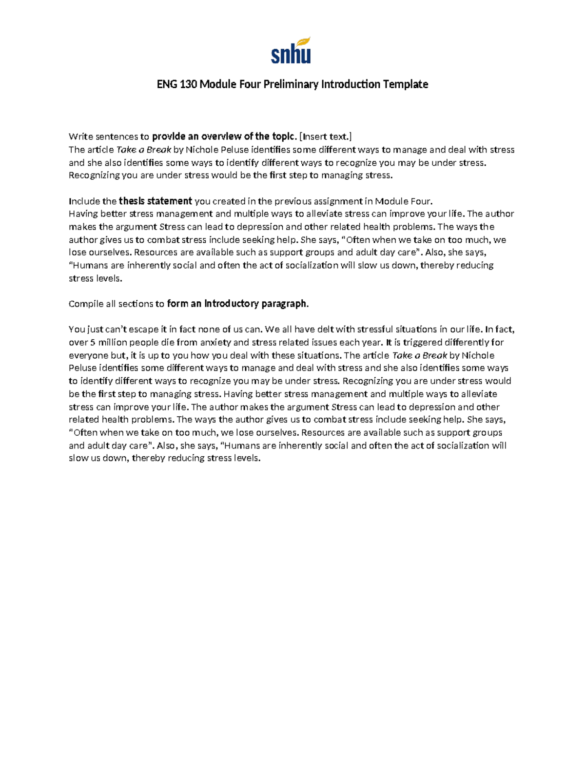 ENG 130 Module Four: Stress Management Overview Assignment - Studocu