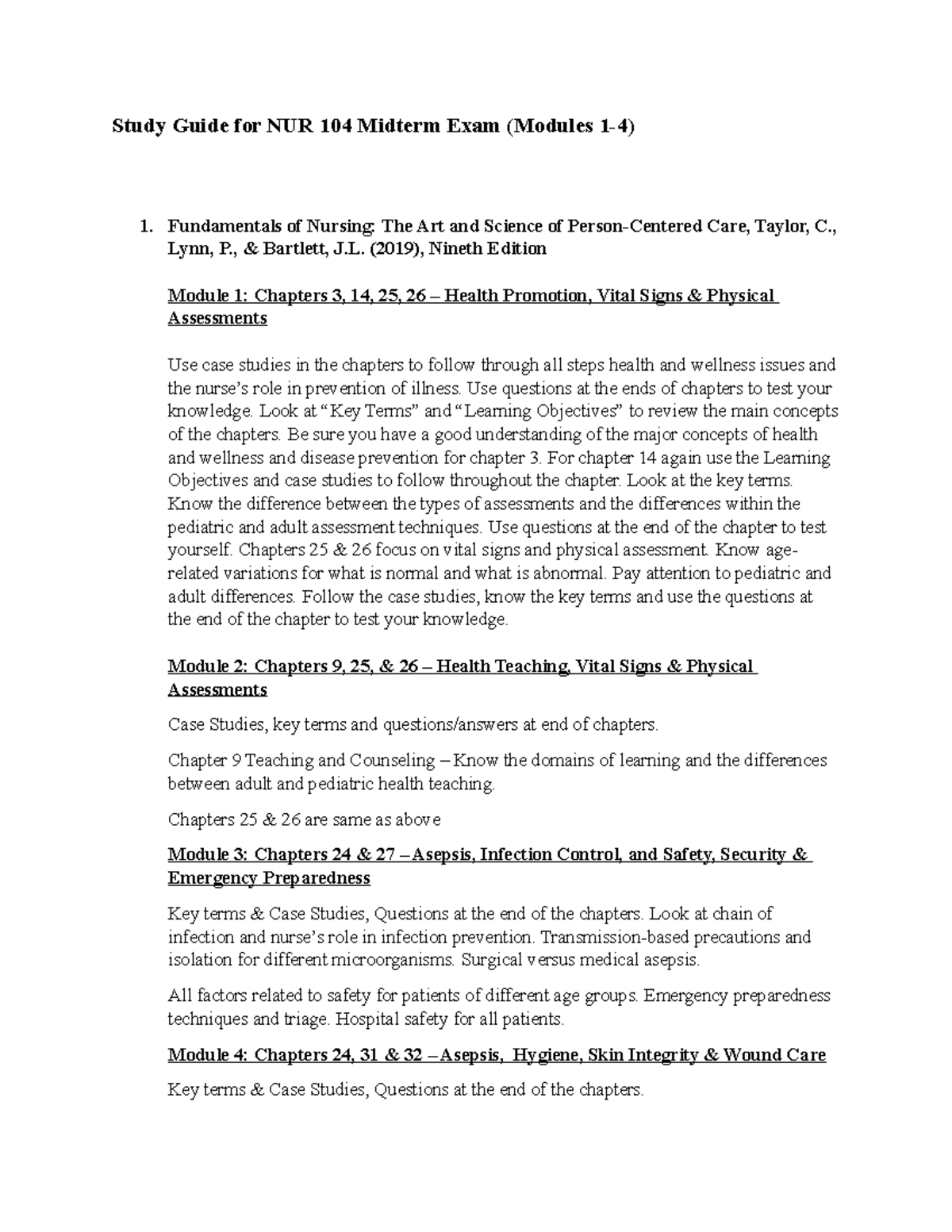 Study Guide for Midterm Exam NUR 105 - Study Guide for NUR 104 Midterm ...