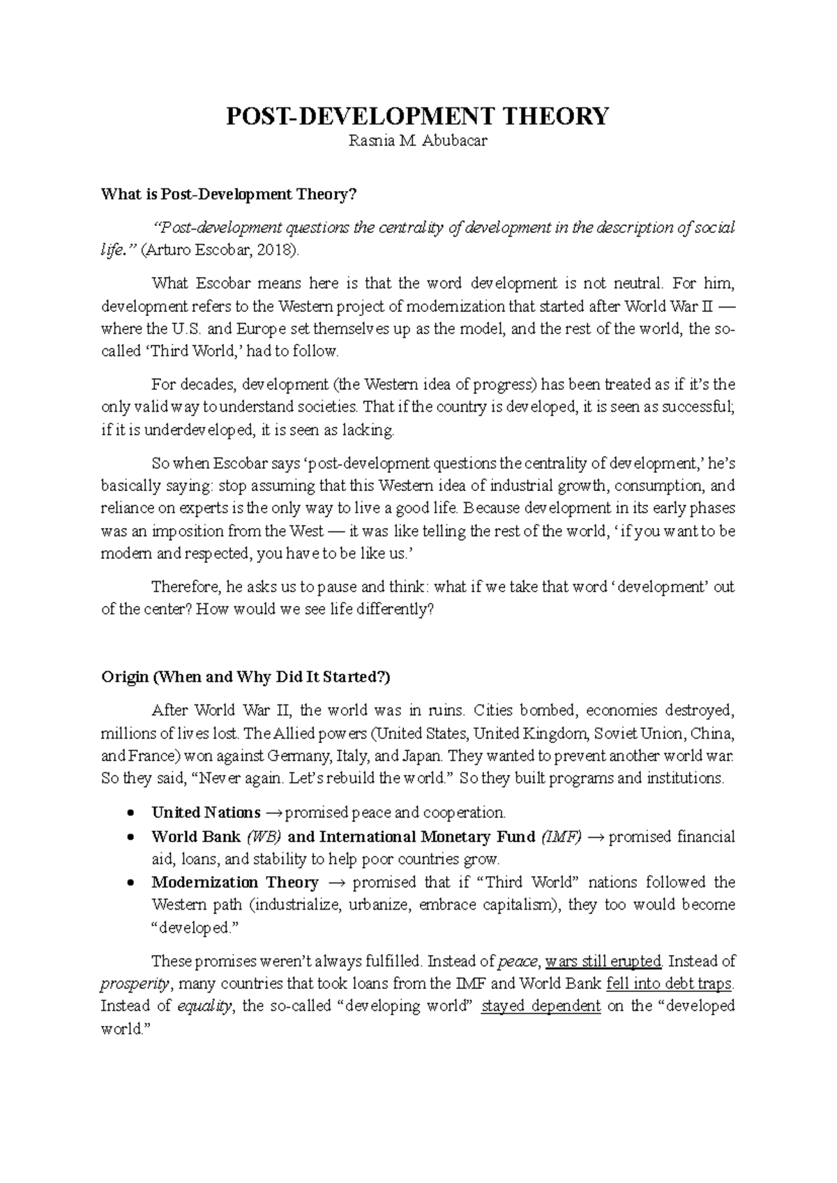 Post-Development Theory: Rethinking Progress and Development - Studocu