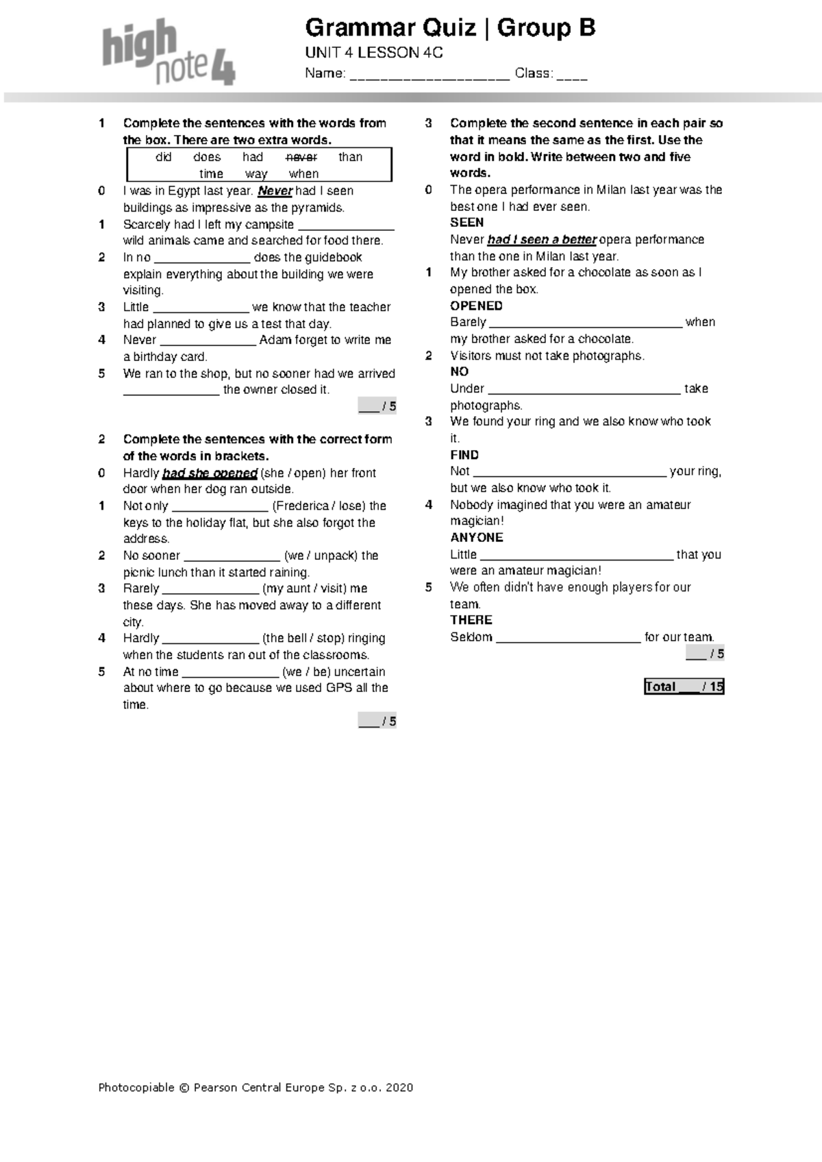 High Note 4 U4C Grammar Quiz B: Complete the sentences and ...