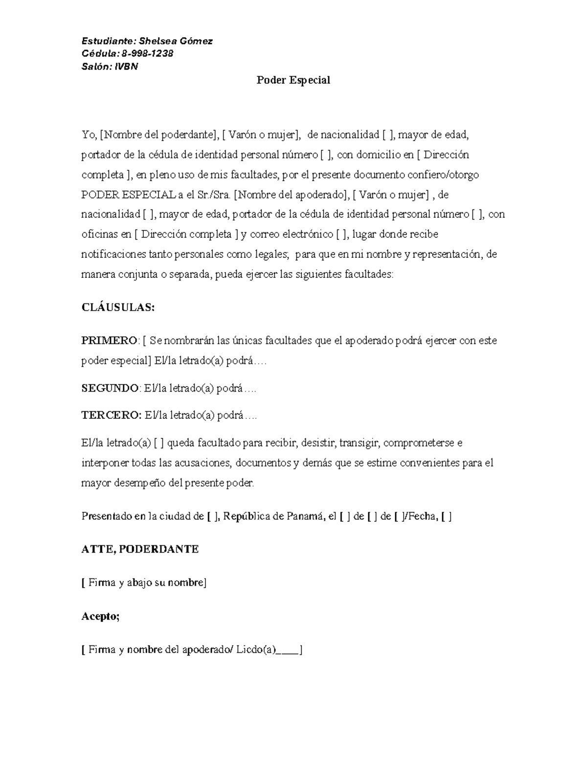Poder Especial - Modelo y Ejemplo Legal (CE 123) - Studocu