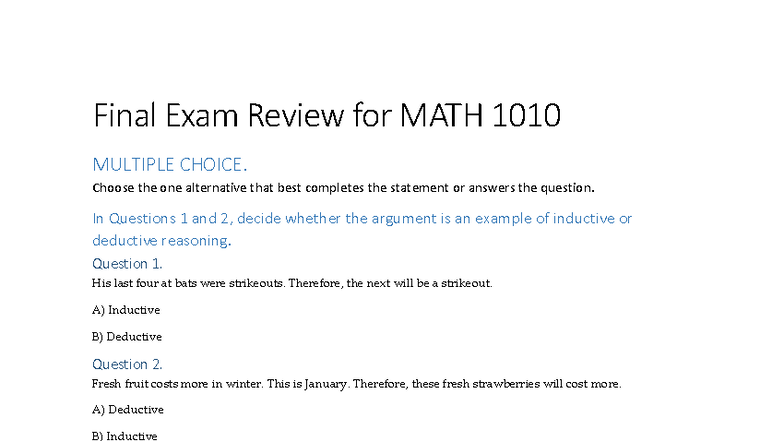 Final Exam Review for MATH 1010: Multiple Choice Questions - Studocu