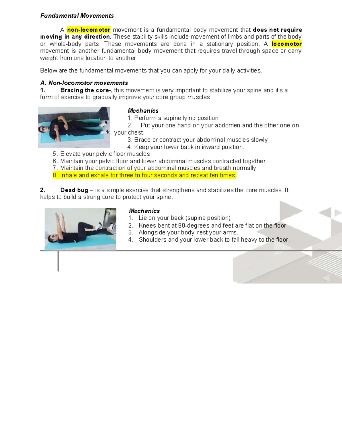 Lesson 3- For the assessment - Fundamental Movements A non-locomotor ...