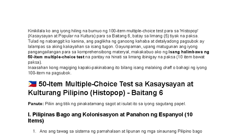 Test sa Kasaysayan at Kulturang Pilipino (Histopop) Baitang 6: Set 1 ...