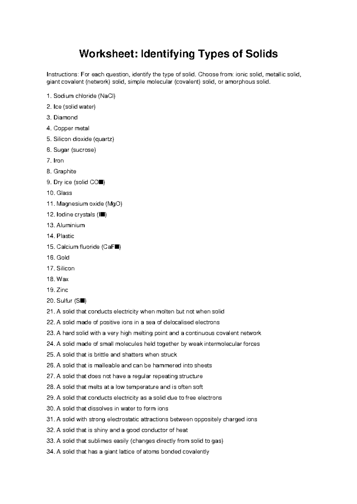 Types of Solids Worksheet: Identifying Solid Types and Properties - Studocu