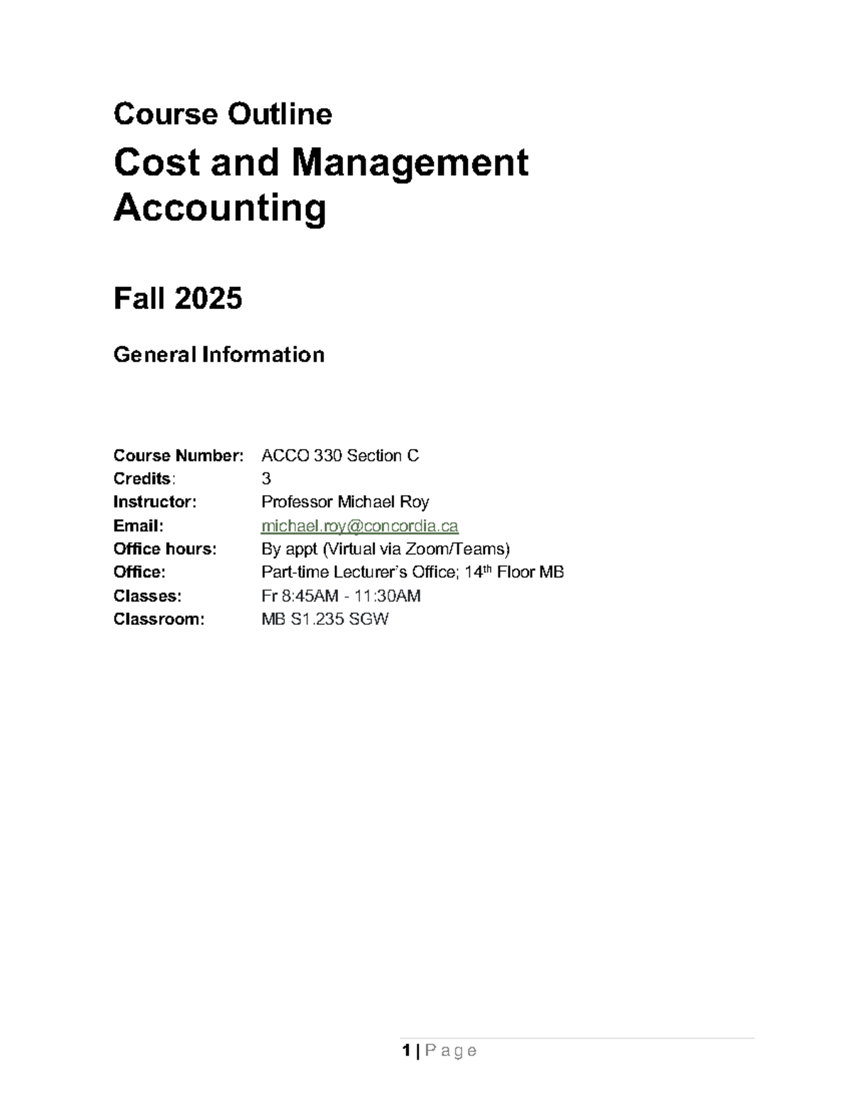 ACCO 330 - Cost and Management Accounting Course Outline Fall 2025 ...