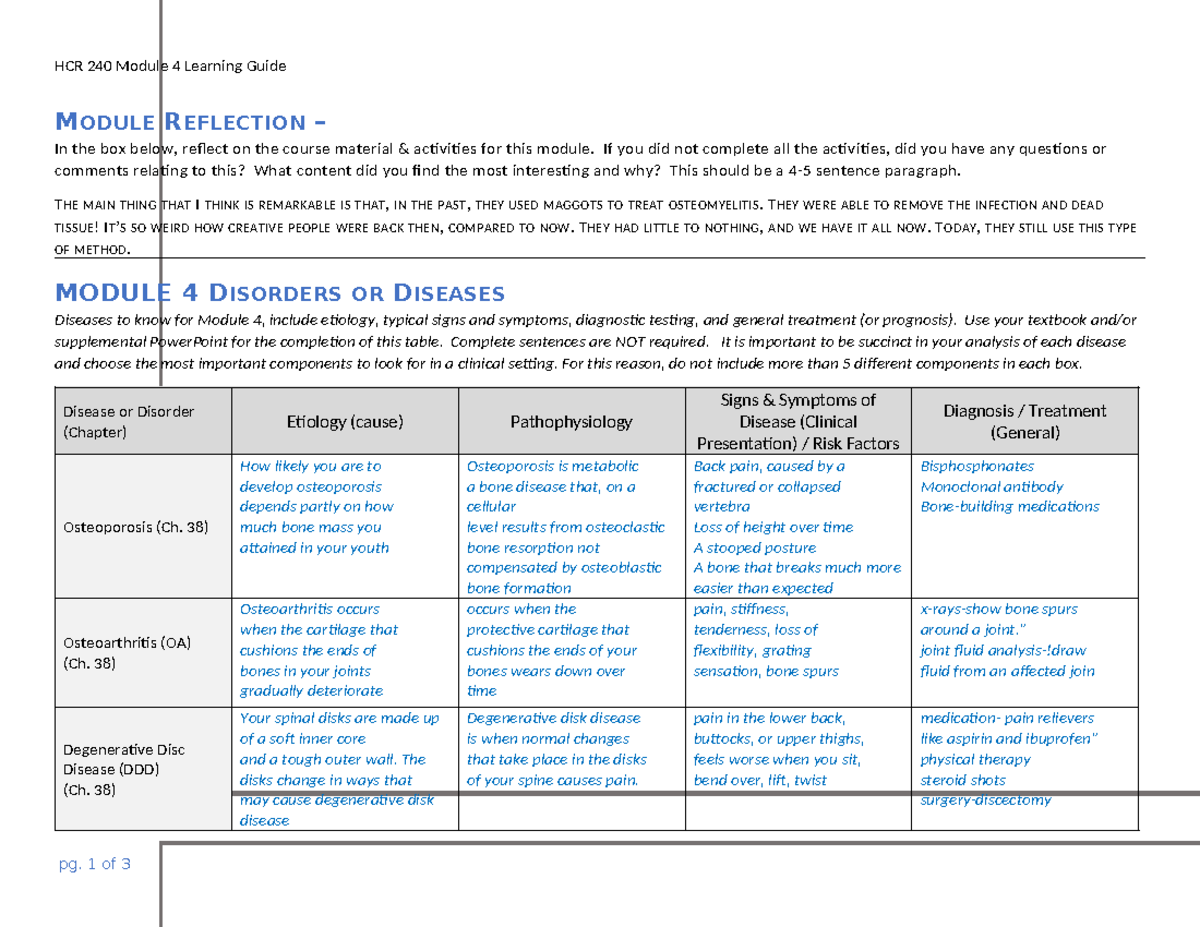 HCR 240 Module 4 Learning Guide: Reflection on Diseases and Disorders ...