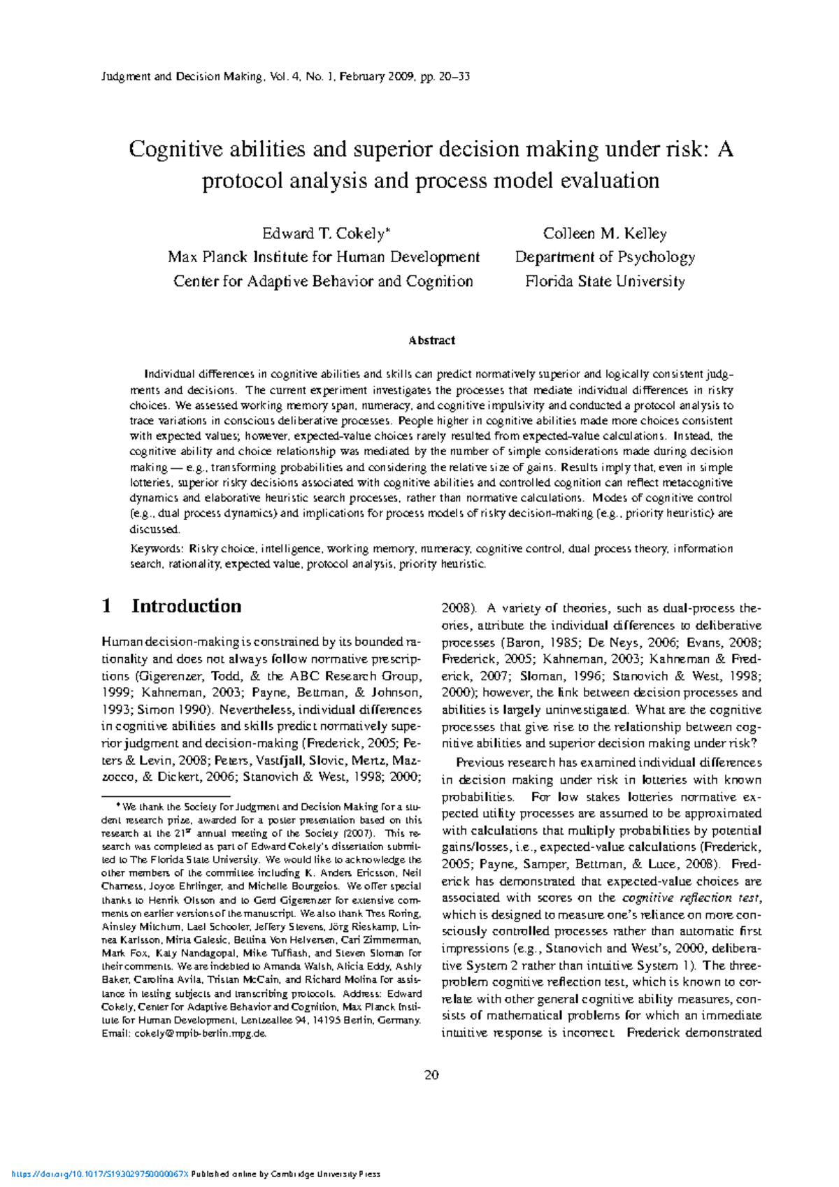Cognitive Abilities and Superior Decision Making Under Risk: A Process Model - Studocu