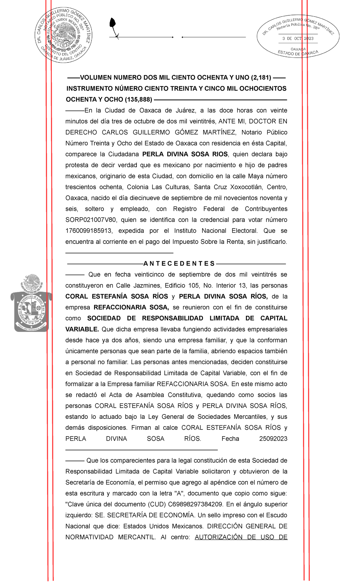 Acta Constitutiva de la Sociedad Refaccionaria SOSA S.R.L. de C.V ...