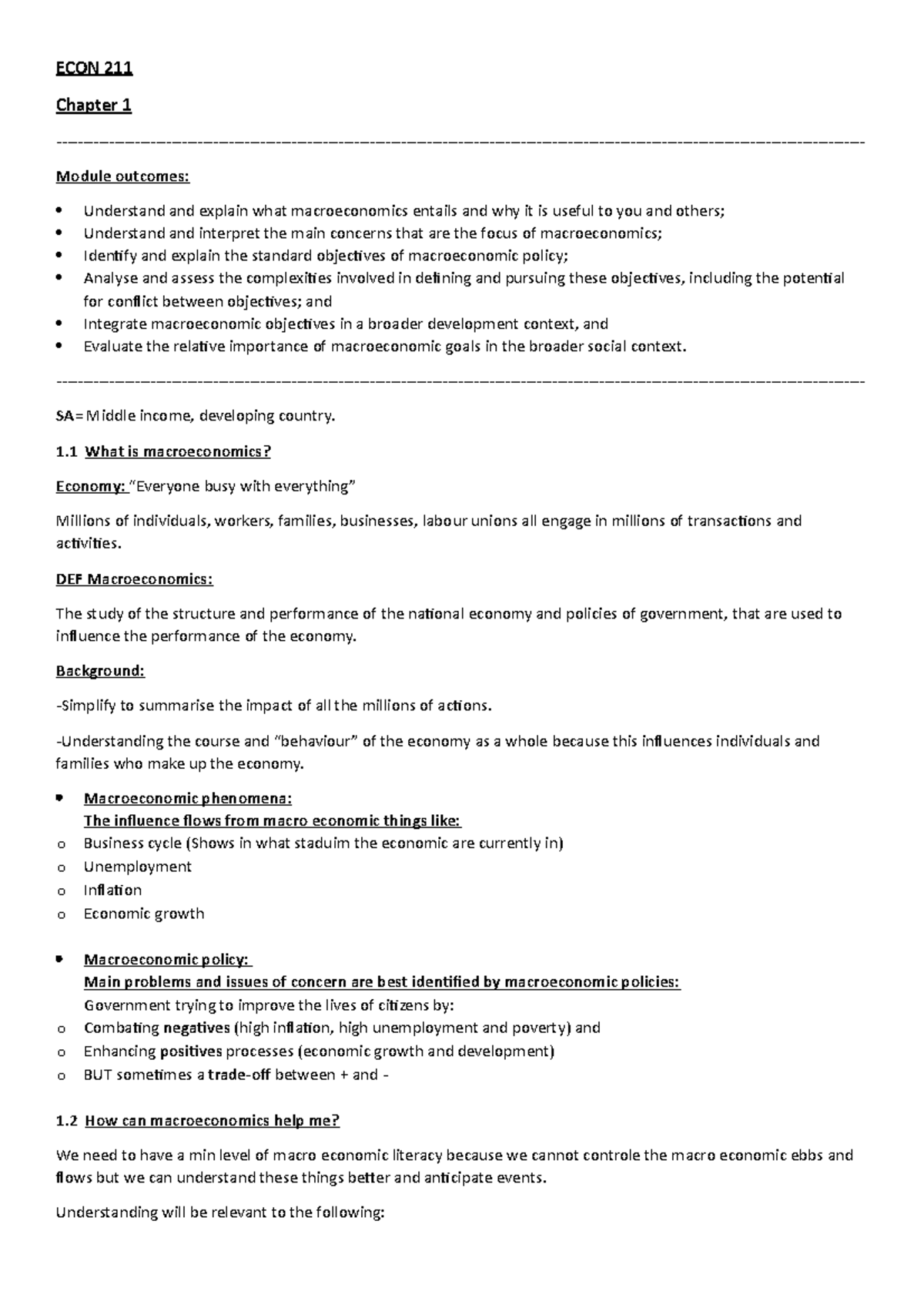 ECON 211 Chapter 1: Overview of Macroeconomics and Key Objectives - Studocu