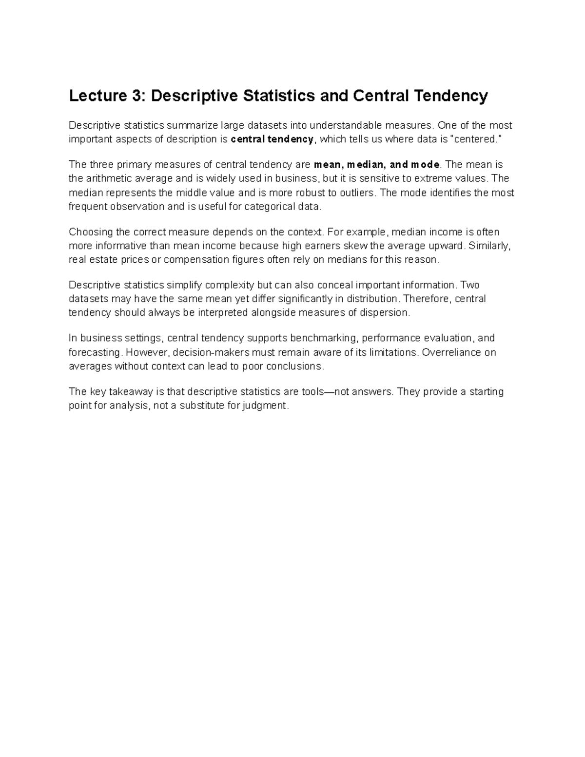 Lecture 3: Descriptive Statistics & Central Tendency Measures - Studocu