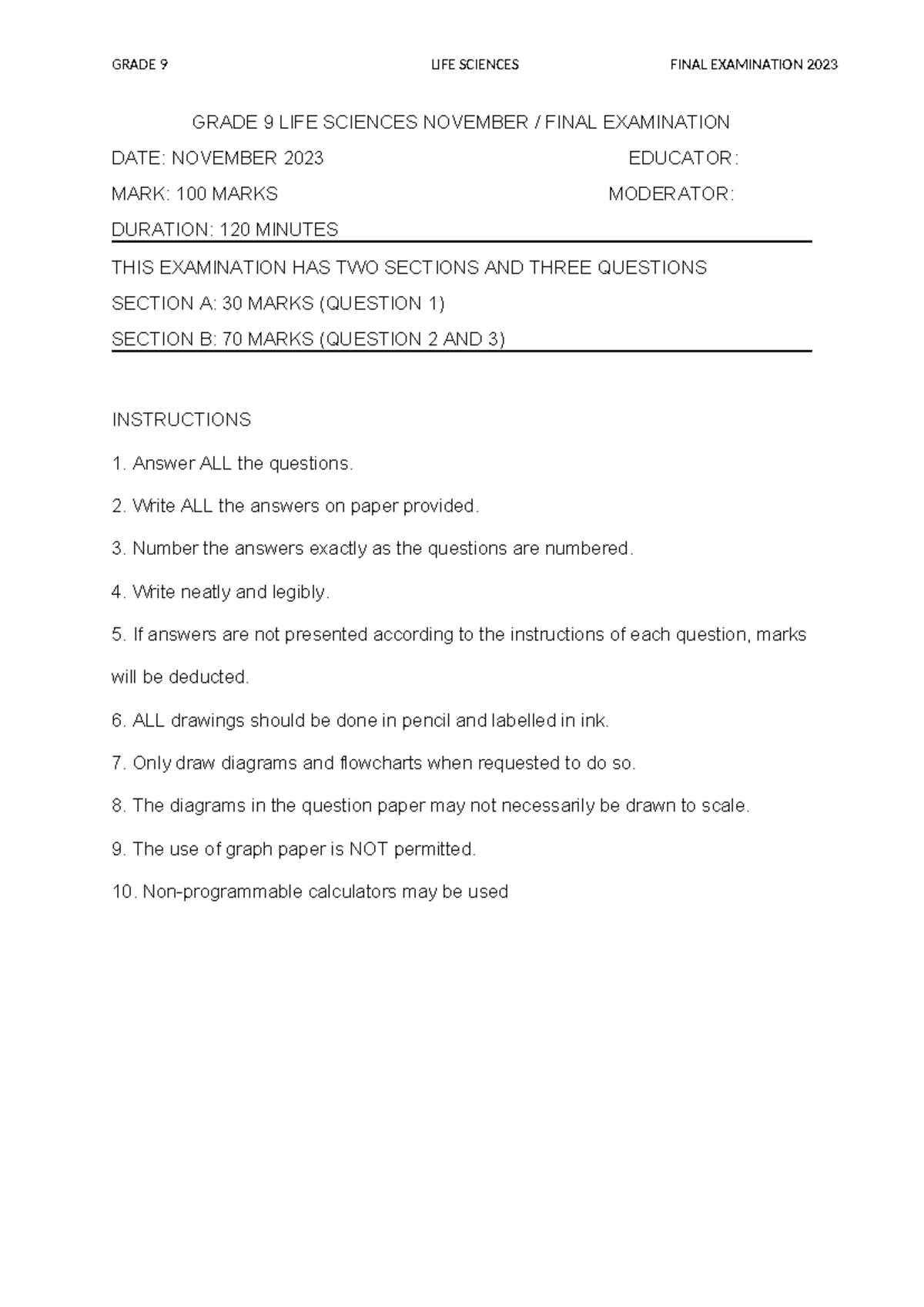 Grade 9 Life Sciences November Final Exam - 100 Marks - Studocu