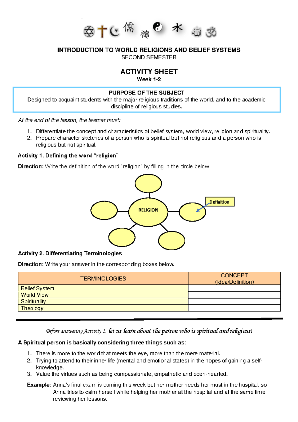 Introduction to World Religions Activity Sheet: Weeks 1-4 Overview ...