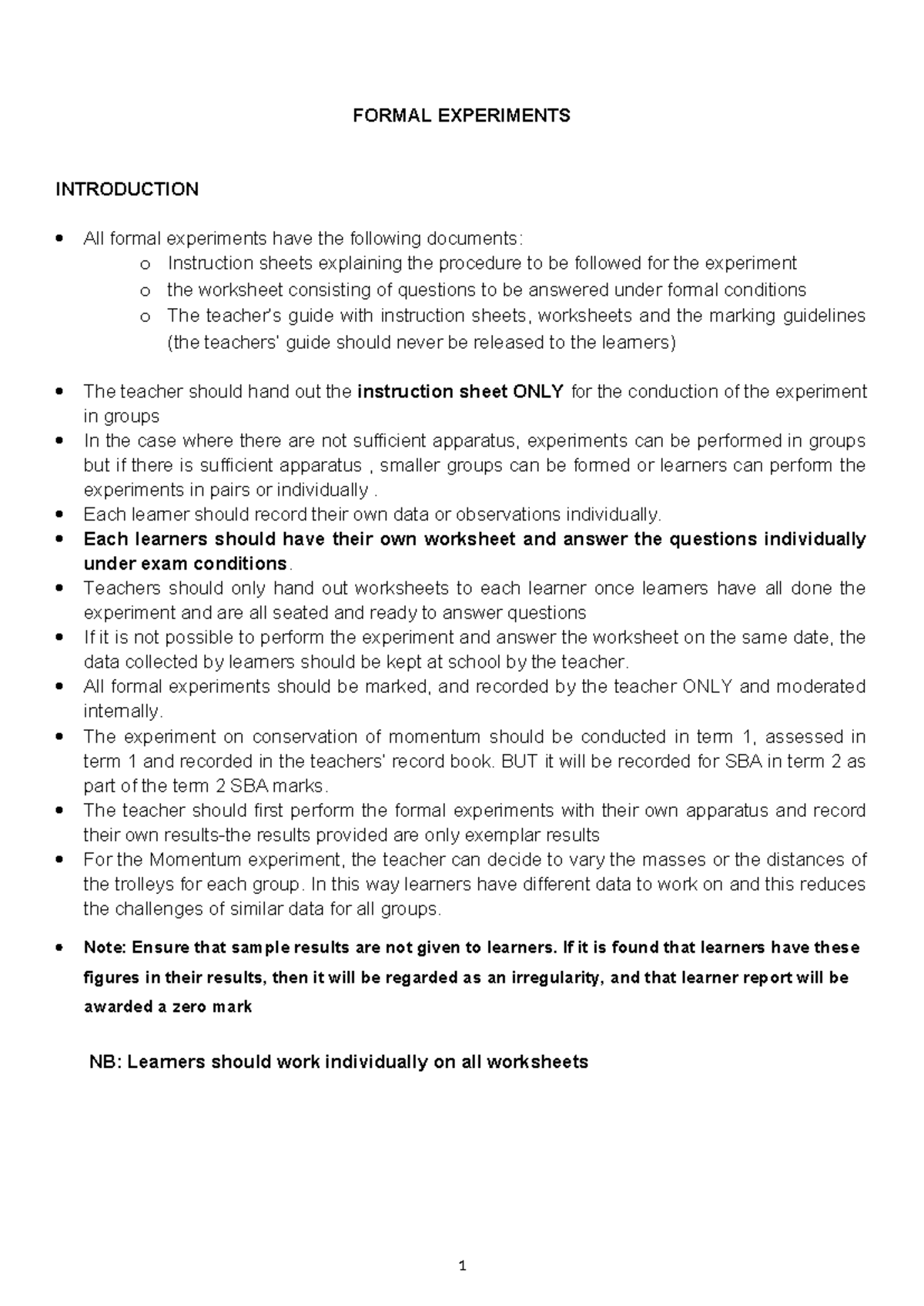 Grade 10 Physics Formal Experiments: Instruction Sheets & Worksheets ...