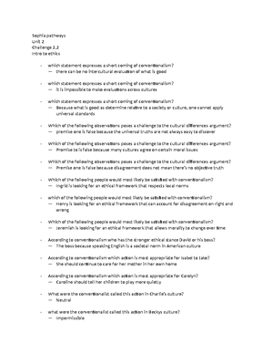 Sophia ethics challenge 1.1 unit 1 - Sophia pathways Introduction to ethics Unit 1 CHALLENGE 1 ...