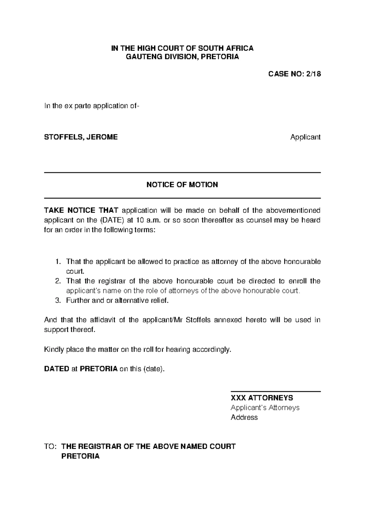 Notice OF BAR - IN THE HIGH COURT OF SOUTH AFRICA LIMPOPO DIVISION ...