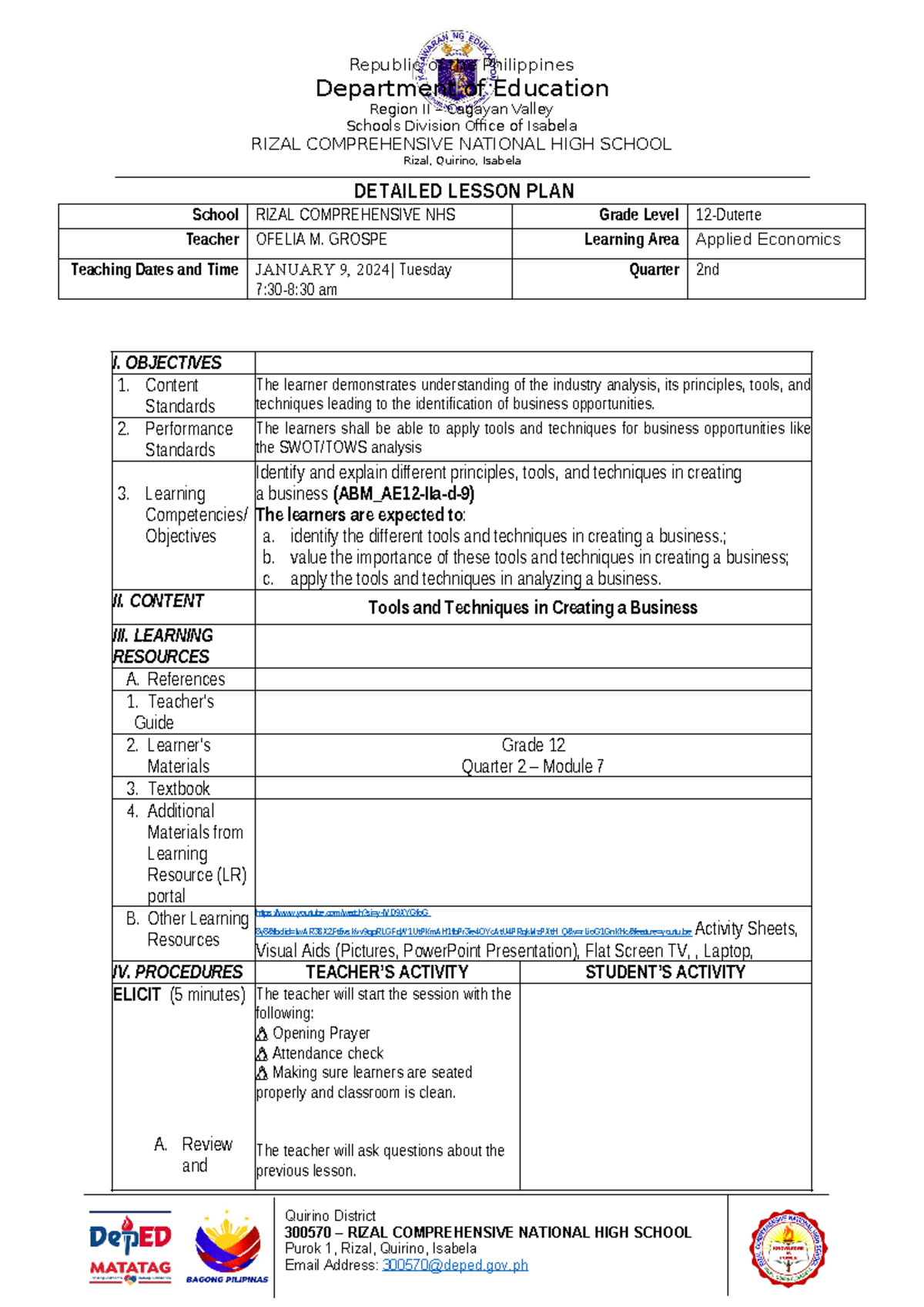 Grade 12 ABM Lesson Plan: Tools & Techniques in Business Creation - Studocu