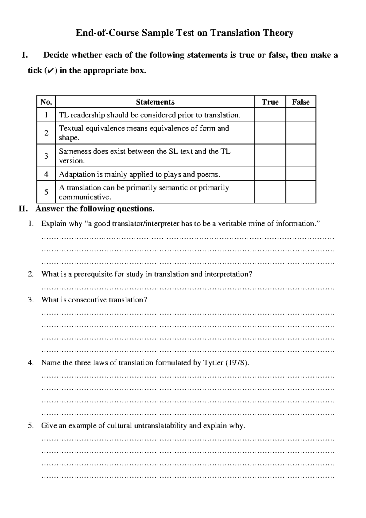 END-OF-TERM Sample TEST on Translation Theory - Studocu