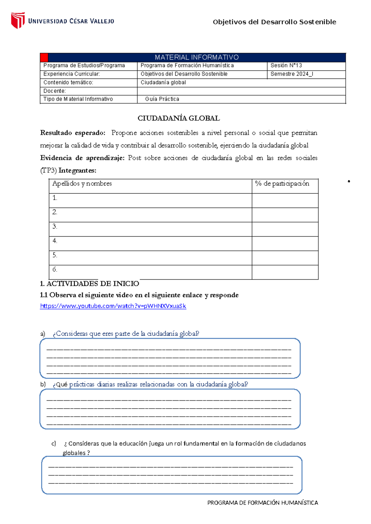 Guía Práctica N° 13: Ciudadanía Global y ODS 2024-1 - Studocu
