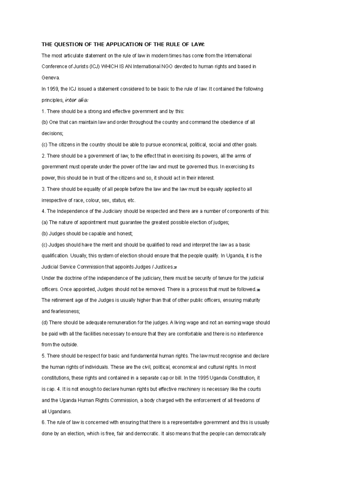 ICJ Principles on Rule of Law & Separation of Powers in Uganda Law ...