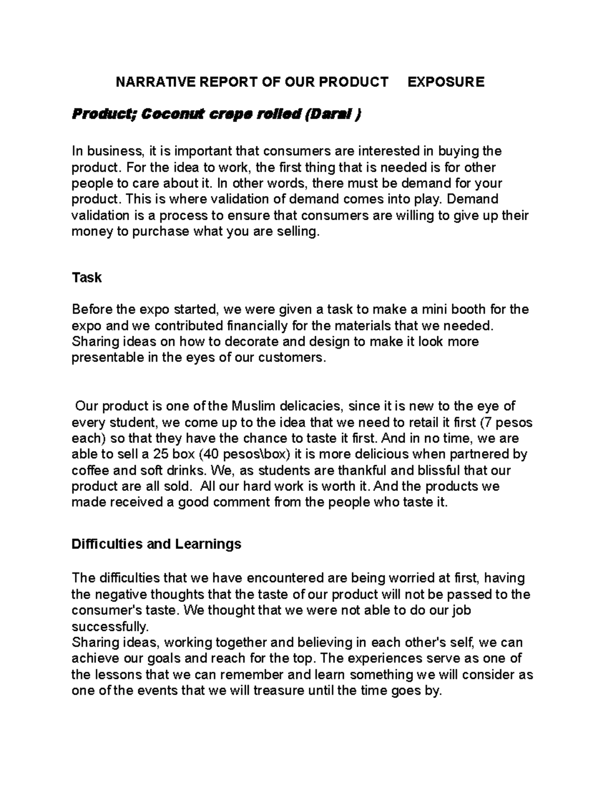 Narrative Report OF OUR Product Exposure - NARRATIVE REPORT OF OUR ...